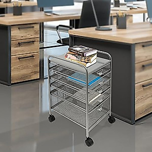 Rolling Carts with Wheels and Drawers, Metal Mesh 5 tier Rolling File Cart File Cabinet with Drawers Storage Cart, Silver