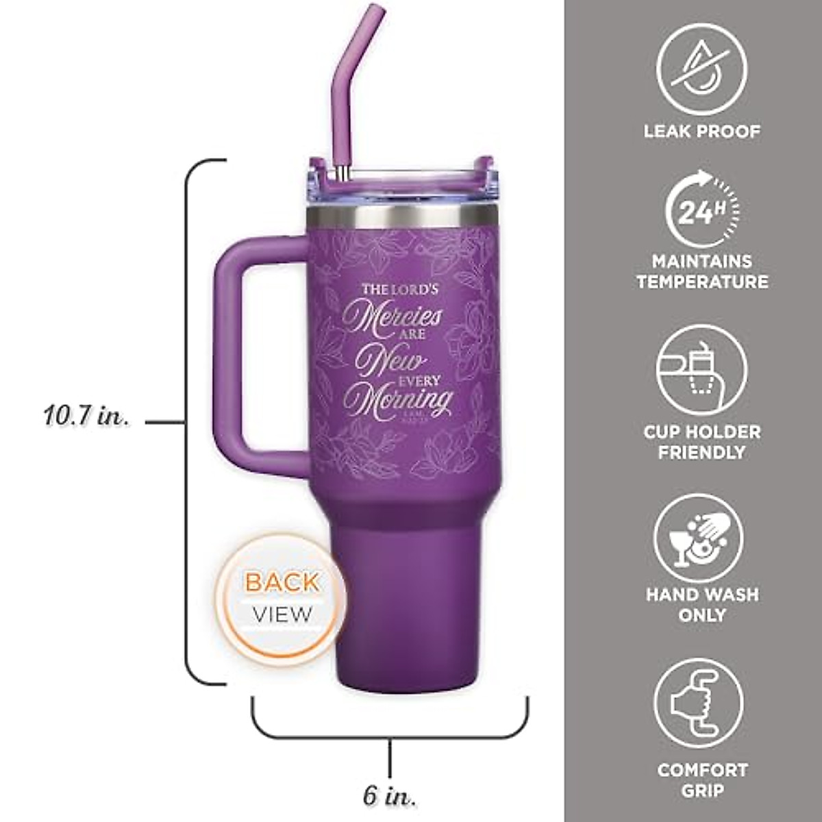 Christian Art Gifts Extra Large Inspirational Scripture Engraved Insulated Stainless Steel Travel Tumbler for Women: Mercies Are New Twist Dial Lid, Reusable Straw & Silicone Tip, Purple Floral, 40 oz