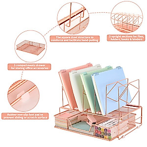 Spacrea Rose Gold Desk Organizers - File Organizer Desk Accessories with Vertical File Folder Holders & Sliding Drawer, Office Supplies for Workspace College Dorm Home(Binder Clips Included)