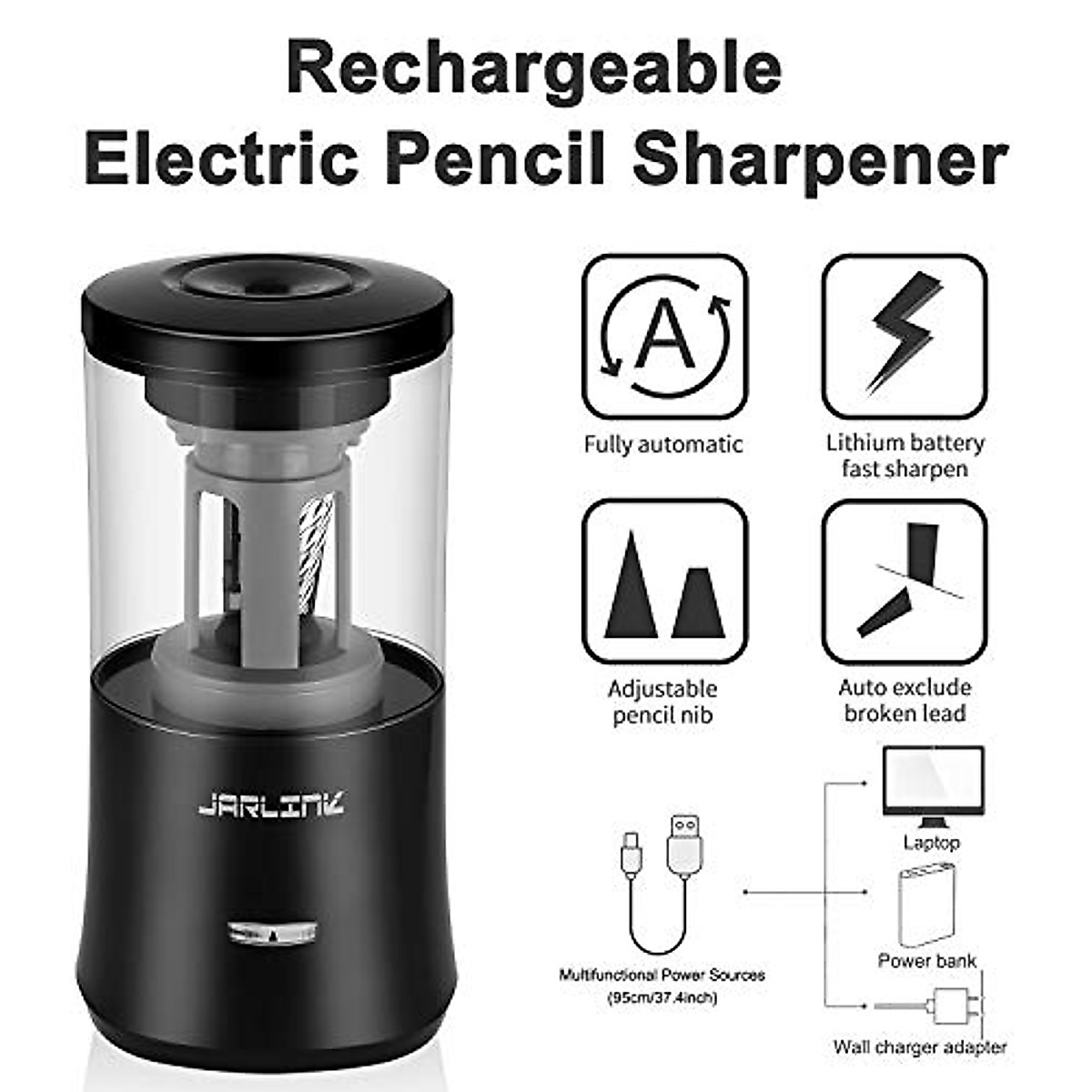 JARLINK Electric Pencil Sharpener, Fully Automated Rechargeable Sharpener Fast Sharpen for No.2/Colored Pencils(6-8mm), Portable in School/Office/Home (USB Cable Include)