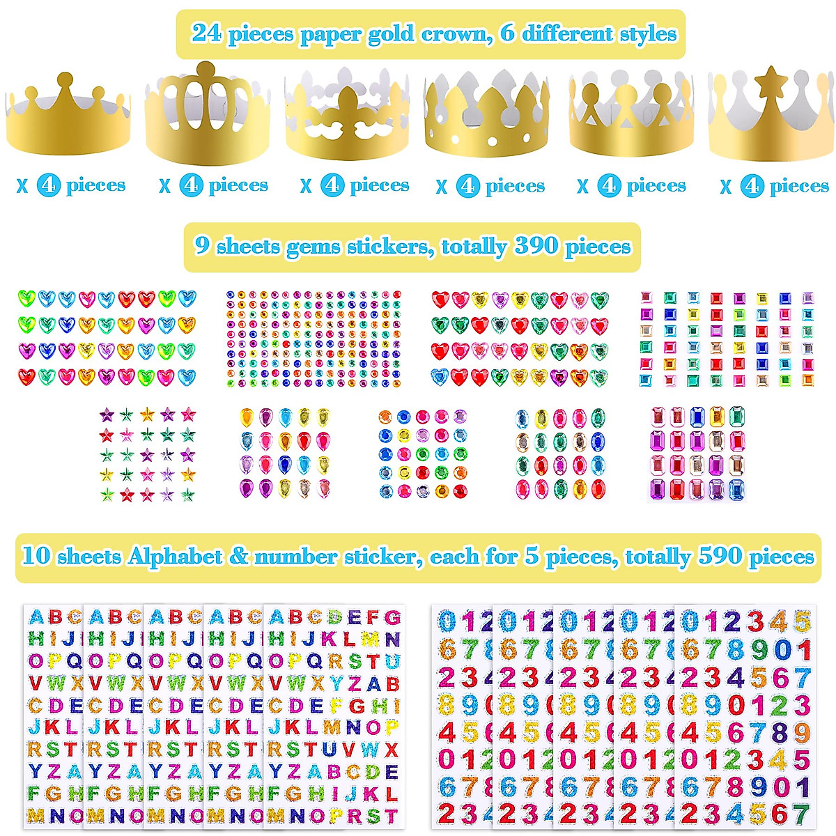 SIQUK 24 Pieces Golden Paper Crowns Gold Party Crowns Princess Prince Crown Hats King Crowns with 980 Pieces Gem Jewels Alphabet Number Letter Stickers for Party and Celebration