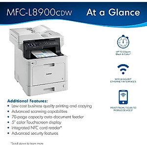 Brother Color MFC-L8900CDW Wireless All-in-One Laser Printer, White - Print Copy Scan Fax - 33 ppm, 2400 x 600 dpi, 5" Touchscreen LED, Auto Duplex Printing, 70-Sheet ADF, NFC, Ethernet