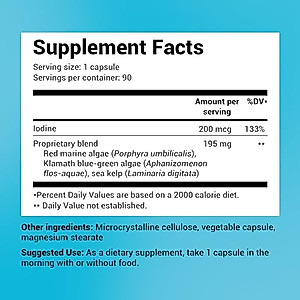 Dr. Berg's Sea Kelp Enhanced - Pure Healthy Thyroid Support Natural Antioxidants & Iodine Supplement w/Organic Sea Kelp, Blue-Green Algae & Red Algae - Immune System & Metabolism Support 90 Capsules