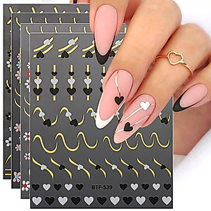 JMEOWIO 9 Sheets Heart Line Flower Nail Art Stickers Decals Self-Adhesive Pegatinas Uñas Colorful Nail Supplies Nail Art Design Decoration Accessories