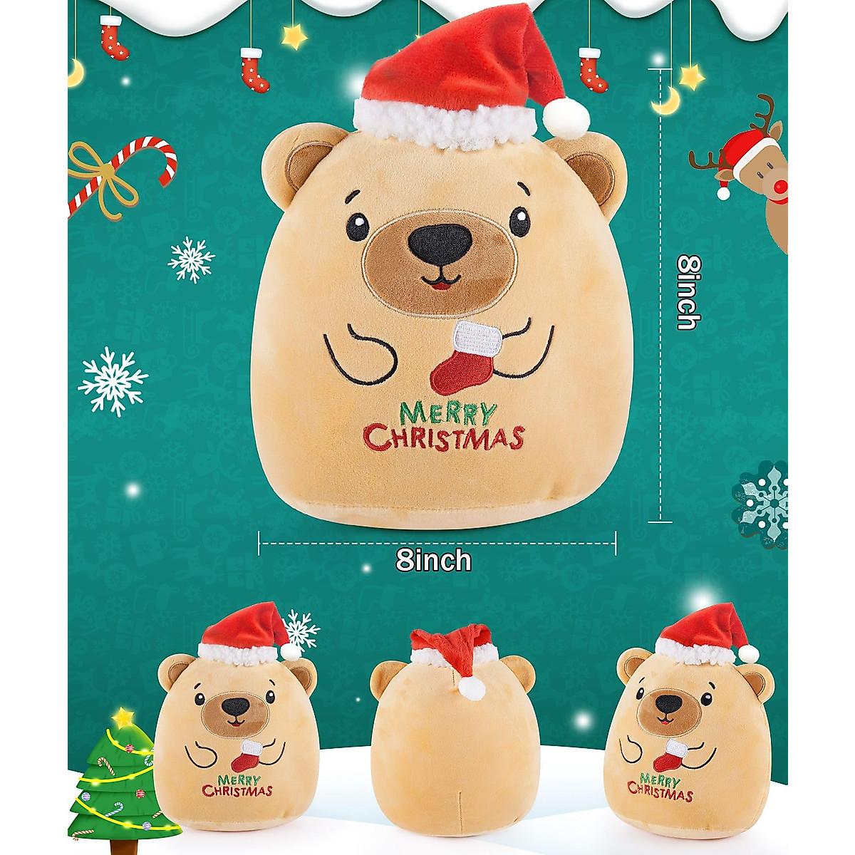 LeYoHa Christmas Plush Bear Stuffed Animals - Teddy Bear Plush Toys with Santa Hat Gift, Kids' Pillow Cushion, Gifts for Holiday Kids, Light Brown, 8 Inch