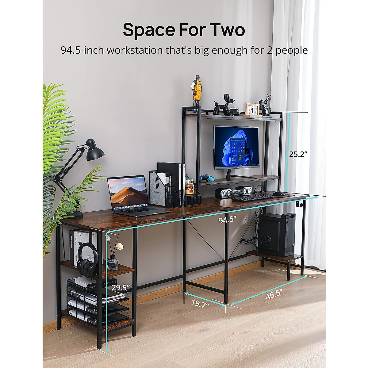 Evajoy Home Office Desk, 94.5” Two Person L-Shaped Gaming Desk with AC Outlets and USB Ports, Double Workstation with Monitor Stand, Computer Corner Desk with Adjustable Shelf for Home,Office,Study