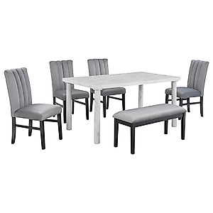 Harper & Bright Designs Dining Table Set for 6 with Marble Veneer Table and 4 Flannelette Upholstered Dining Chairs & Bench, 6 Piece Dining Room Table Set for Kitchen Living Room, White+Gray