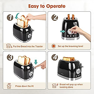 CROWNFUL 2-Slice Toaster, Extra Wide Slots Toaster, Retro Stainless Steel with Bagel, Cancel, Defrost, Reheat Function and 6-Shade Settings, Removal Crumb Tray, Black