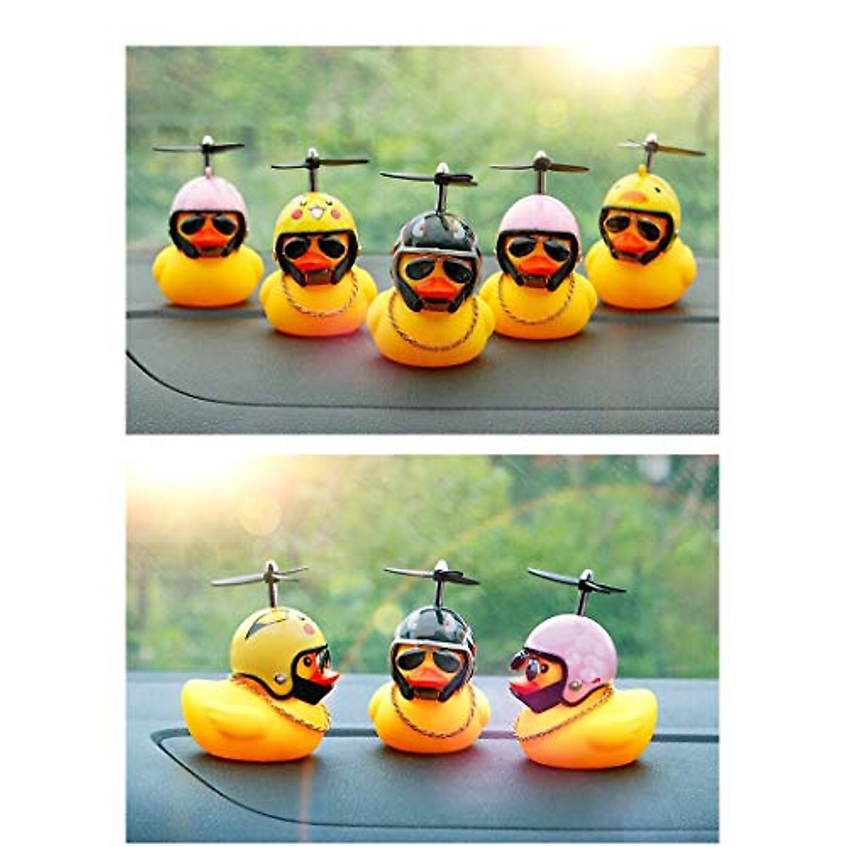 Rubber Duck Toy Car Ornaments Yellow Duck Car Dashboard Decorations with Propeller Helmet (Black＆White)