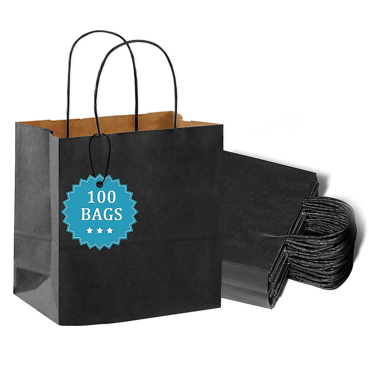 COGLARING 100Pcs 11x5.9x11 Gift Bags Black Kraft Paper Bag with Handles Bulk for Favor Grocery Retail Party Birthday Shopping Business