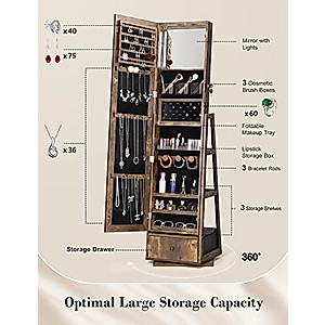 Nicetree 360° Swivel Jewelry Cabinet with Lights, Touch Screen Vanity Mirror, Rotatable Full Length Mirror with Jewelry Storage, Locking Jewelry Armoire Organizer, Foldable Makeup Shelf, Rustic Brown
