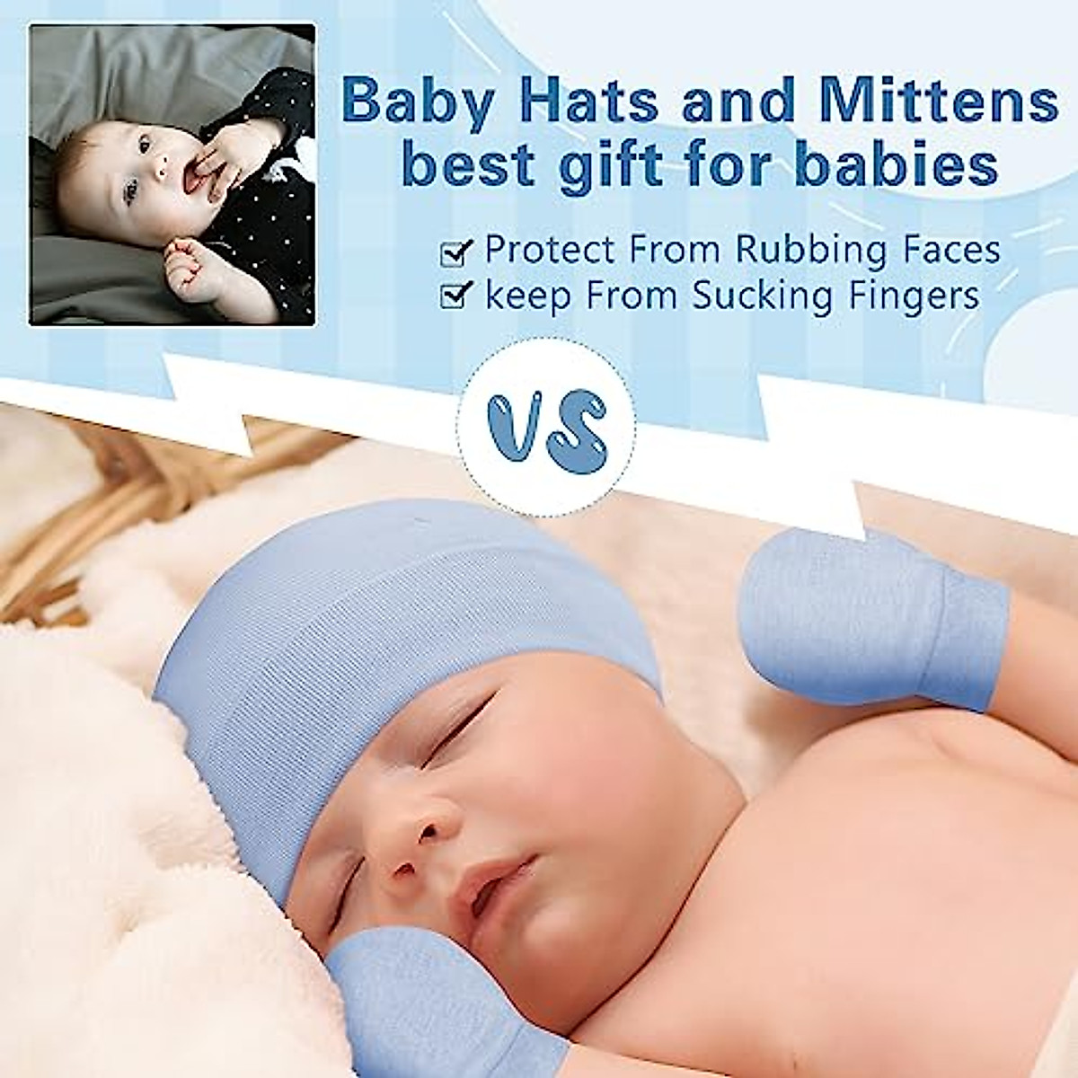 Zando Baby Hats and Mittens Unisex Infant Beanie Caps Newborn Hospital Hat with Scratch Mitten Set for Baby Boys Grils 4 Pack 2 One Size