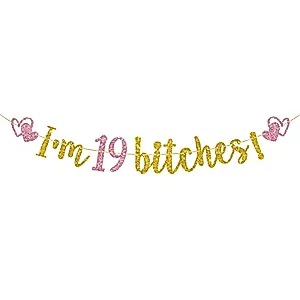 I'm 19 Bitches Banner, Gold & Pink Glitter Funy Happy 19th Birthday Banner, 19 Years Old Birthday Sign, Cheers to 19 Years Party Decorations Supplies, 7.5 Feet