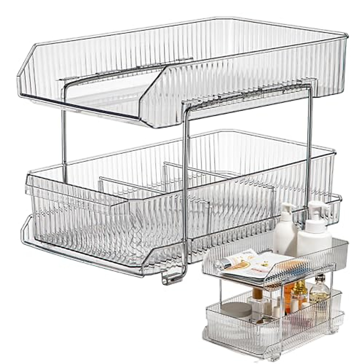Shelfing Cart, Extensive Under Sink Shelf, Effortless Kitchen Storage Racks, 2-Tier Clear Kitchen Storage Rack, Secure Kitchen Pantry Organizers, 2-tier Stackable Storage Shelves for Kitchen Use