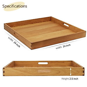 Rysowda Large Square Teak Wood Ottoman Tray with Handles - 24x24 Inch Wooden Decorative Serving Tray for Coffee Table and Home Decor