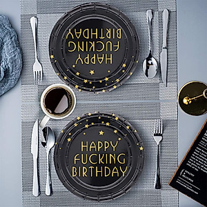 Pandecor Black and Gold Happy FING Birthday party supplies,50PCS Disposable Paper Plates 7 Inch Cake Plates for Adult Funny Birthday Party