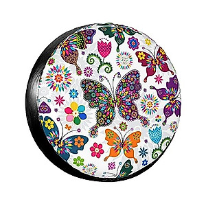 Colorful Butterflies and Flowers Spare Tire Cover Wheel Covers Universal Fit for Trailer SUV Truck Camper Trailers Accessories