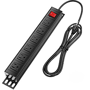 XBA 6 Outlets Mountable Power Strip with Switch, Long Power Strip with 6 Ft Extension Cord Heavy Duty Wide Space Wall Mount Power Strip for Home, Office, Industrial, Workshop, 15A 125V 1875W, Black
