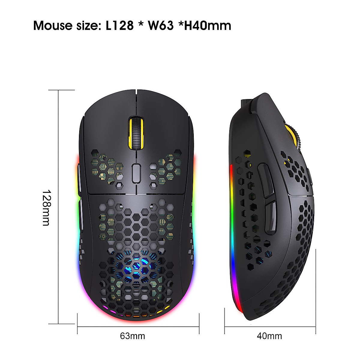 HXMJ Type C Fast Charging Bluetooth Mouse,Honeycomb Wireless Gaming Mice,Lightweight,3 Modes(BT5.0, BT3.0 and USB 2.4GHz) with 3600 DPI,RGB Rainbow Backlit-Black