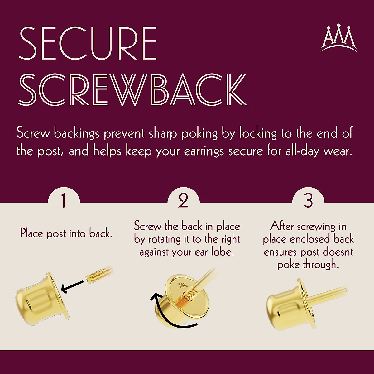 14k Yellow Gold Small Cubic Zirconia Solitaire CZ Stud Earrings with Screw Backs (3mm)