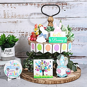 11 PCS Easter Tiered Tray Decorations Bunny Eggs Wood Signs Easter Wooden Table Signs Easter Wood Block Decor with Holder for Spring Holiday Tabletop Centerpieces Home Party Supplies