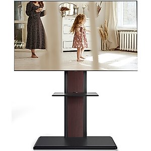 FITUEYES Universal Floor TV Stand with Swivel Height Adjustable Mount for 32 43 50 55 65 75 inch TVs, Mid Century Modern Corner TV Stand with Flexible Shelf for Living Room Bedroom (Black & Walnut)