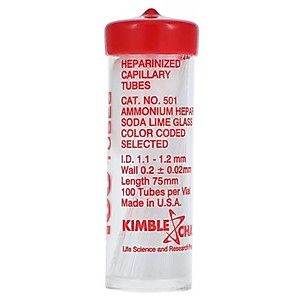 2002078 Capillary Tube Heparinized Red Tip 100/Bt sold as Bottle Pt# 40B501 by Kimble Chase Life Science