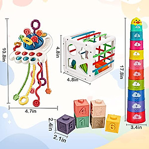 4 In 1 Baby Sensory Toys 6-12-18 Months, Montessori Pull String Infant Teething Toy 6 8 9 10 12 M+ Stacking Building Block Sensory Shape Bin Baby Learning Toys 3-6 Months Toddler Age 1-3 Girl Boy Gift