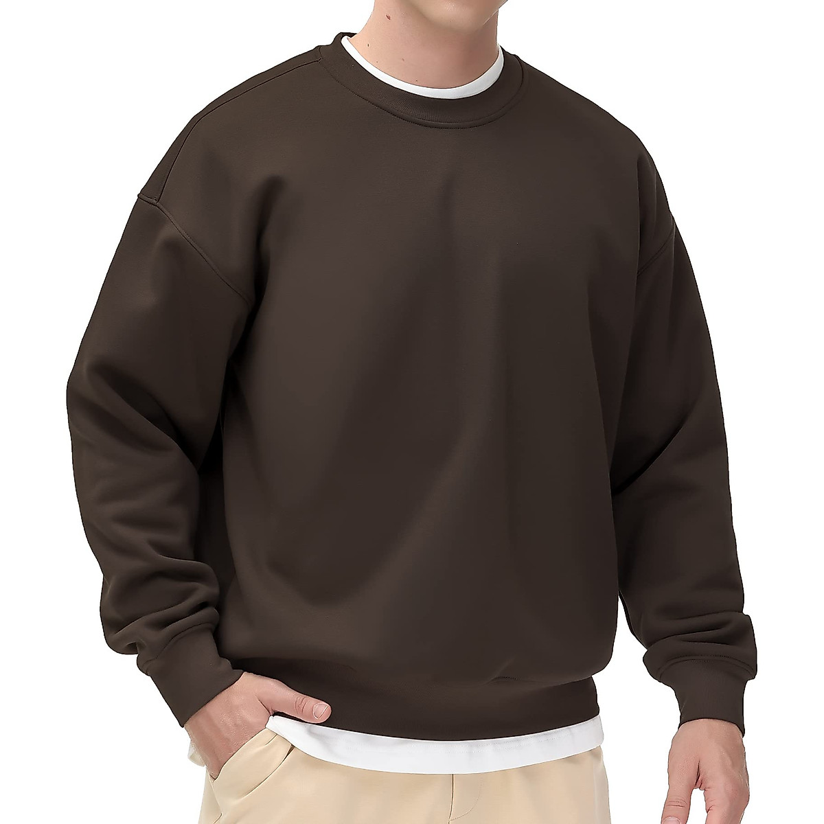 THE GYM PEOPLE Men's Fleece Crewneck Sweatshirt Thick Loose fit Soft Basic Pullover Sweatshirt(Brown, Small)