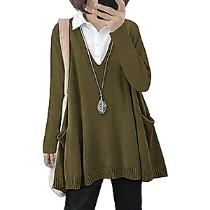YESNO Women's Sweater with Swing Hem Oversized 2022 Long Sleeve V Neck Knit Pullover Tops Tunic Sweaters with Drop Pockets L WM9TYP1 Olive