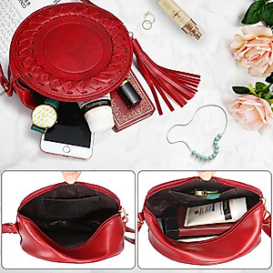 JOSEKO Women Crossbody Bags, PU Leather Zipper Shoulder Bag Round Cell Phone Purse with Tassel Red 7.48''(L) x 7.48''(W) x 2.75''(H)