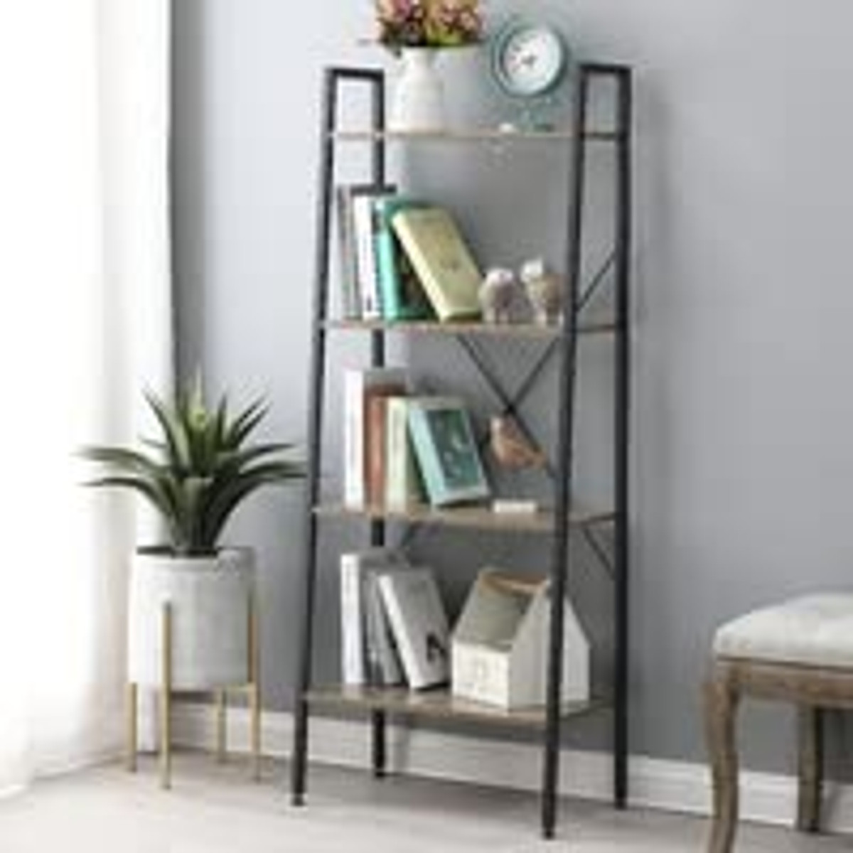 LuxenHome 4 Tier Ladder Bookshelf, 58'' Modern Leaning Bookshelf, Solid Real Wood Bookcase, Rustic Shelves with Industrial Metal Frame, Tall Wide Bookshelf Storage for Classroom, Light-Oak