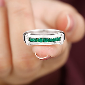 Rosec Jewels Natural Emerald 7 Stone Wedding Band, AAA Quality, Certified Emerald Anniversary Ring - Ready to Gift, 14K White Gold, Size:US 10.00