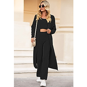 Linsery 3 Piece Sexy Fuzzy Outfit for Women Sherpa Jacket Coat and Crop Top Wide Leg Pants Lounge Set Cozy Fleece Tank Top and Pants Pajamas Black S