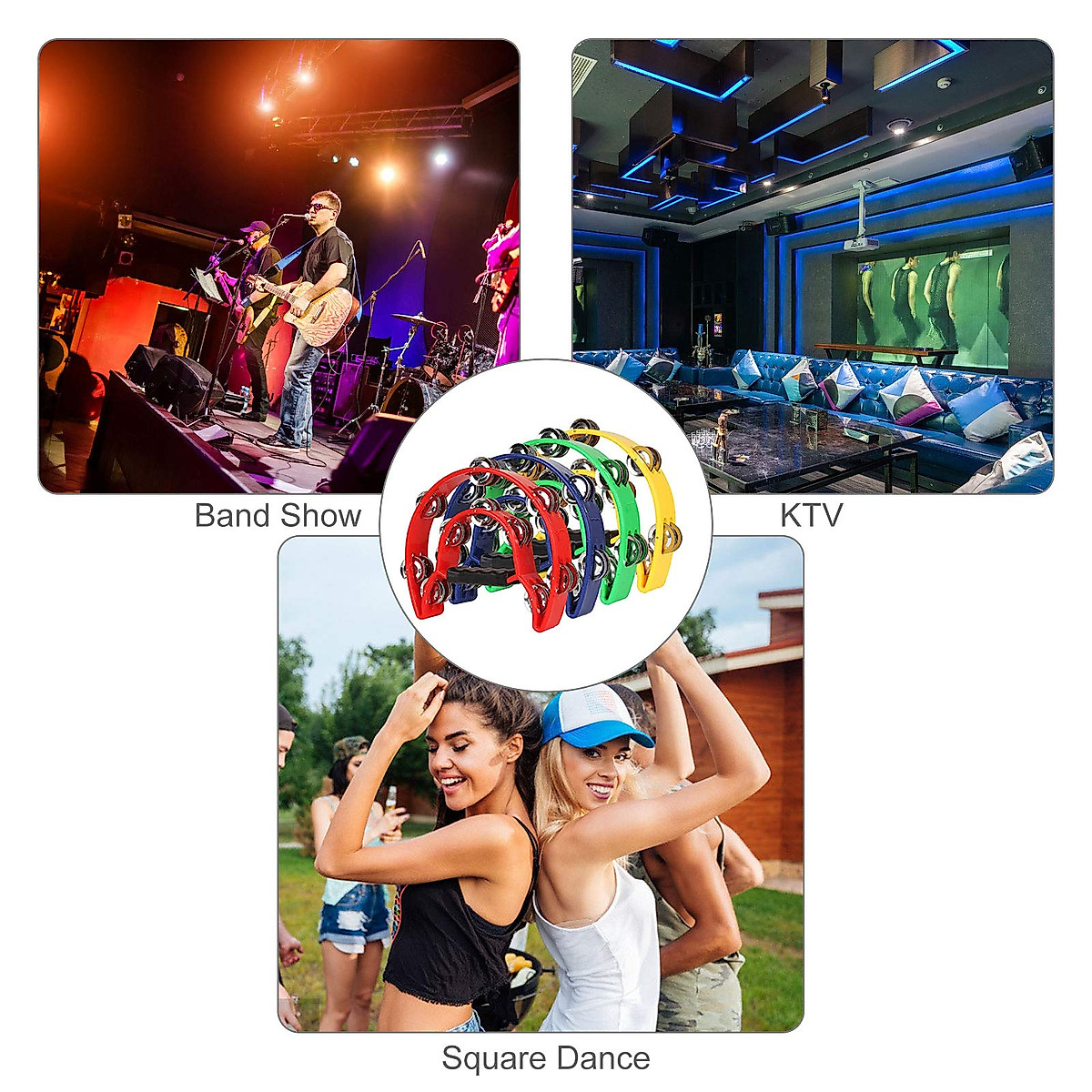 FengWu 4 Pack 9" Half Moon Handheld Tambourine Metal Jingles Tambourines for adults - Double Row, Plastic Musical Percussion Tambourines Music Rhythm Tambourine (Multicolor)