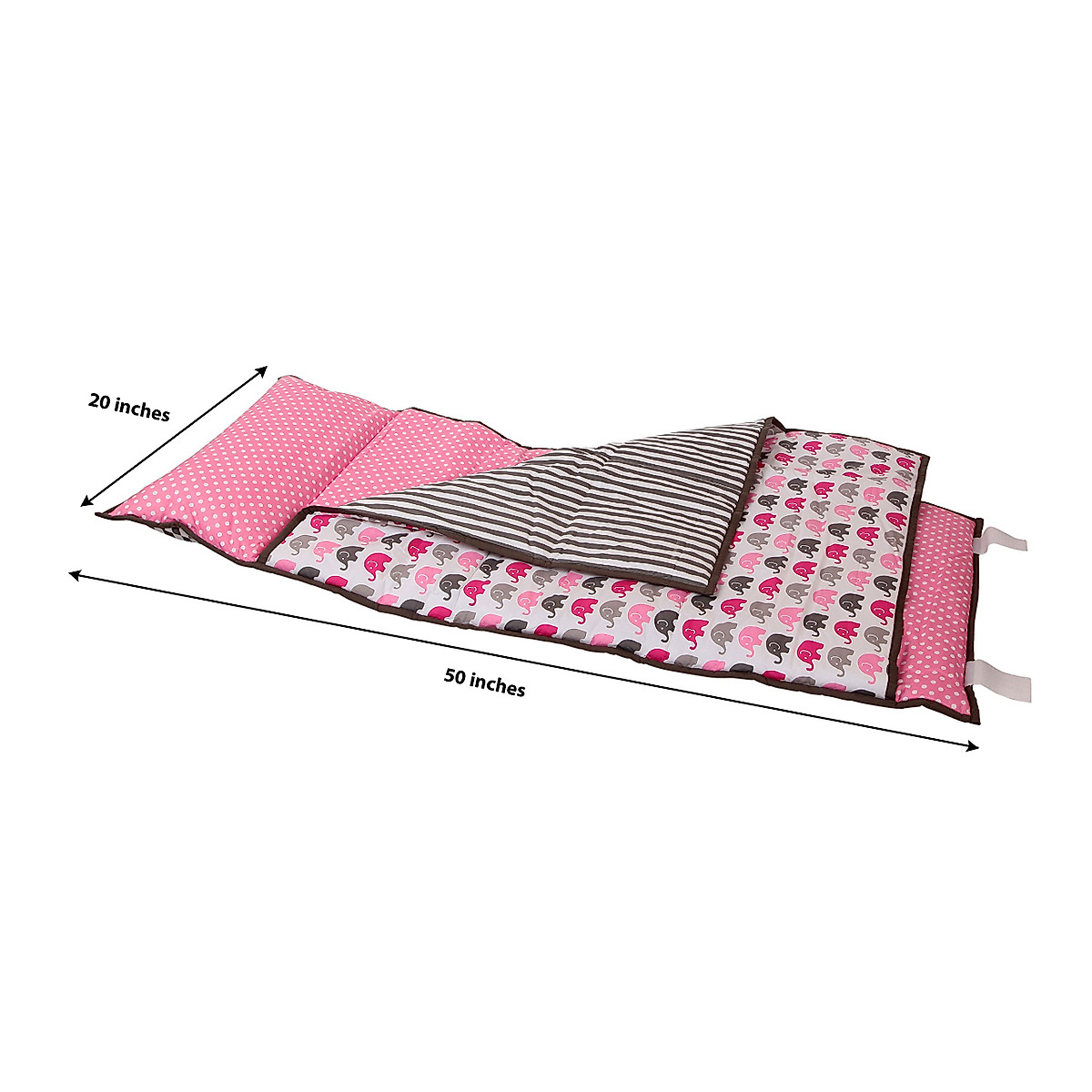 Bacati - 100% Cotton Percale Fabrics Nap Mat with Pillow for Toddler Girls, Measures 50 x 20 x 1.5 Inches, Ideal for Daycare and Preschool, BPA-Free (Elephants, Pink/Grey)