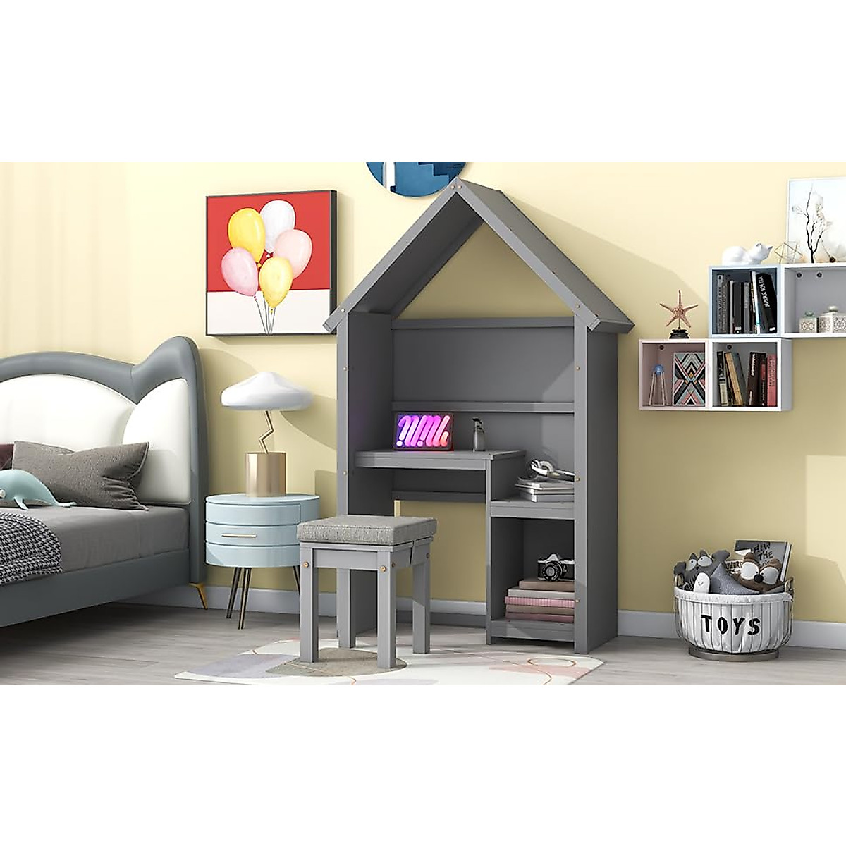 Dolonm Kids Desk and Chair Set, Wooden Kids Computer Desk with Detachable Cushion Stooll, House-Shaped Desk with Storage Shelf for Bedroom, Kids Study Desk and Chair Set for Ages 3+, Grey