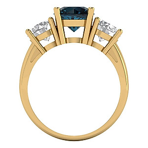 Clara Pucci 3.35 ct Round Cut Custom Engraving 3 stone Natural London Blue Topaz Designer Solitaire Statement Ring 18K Yellow Gold Size 6