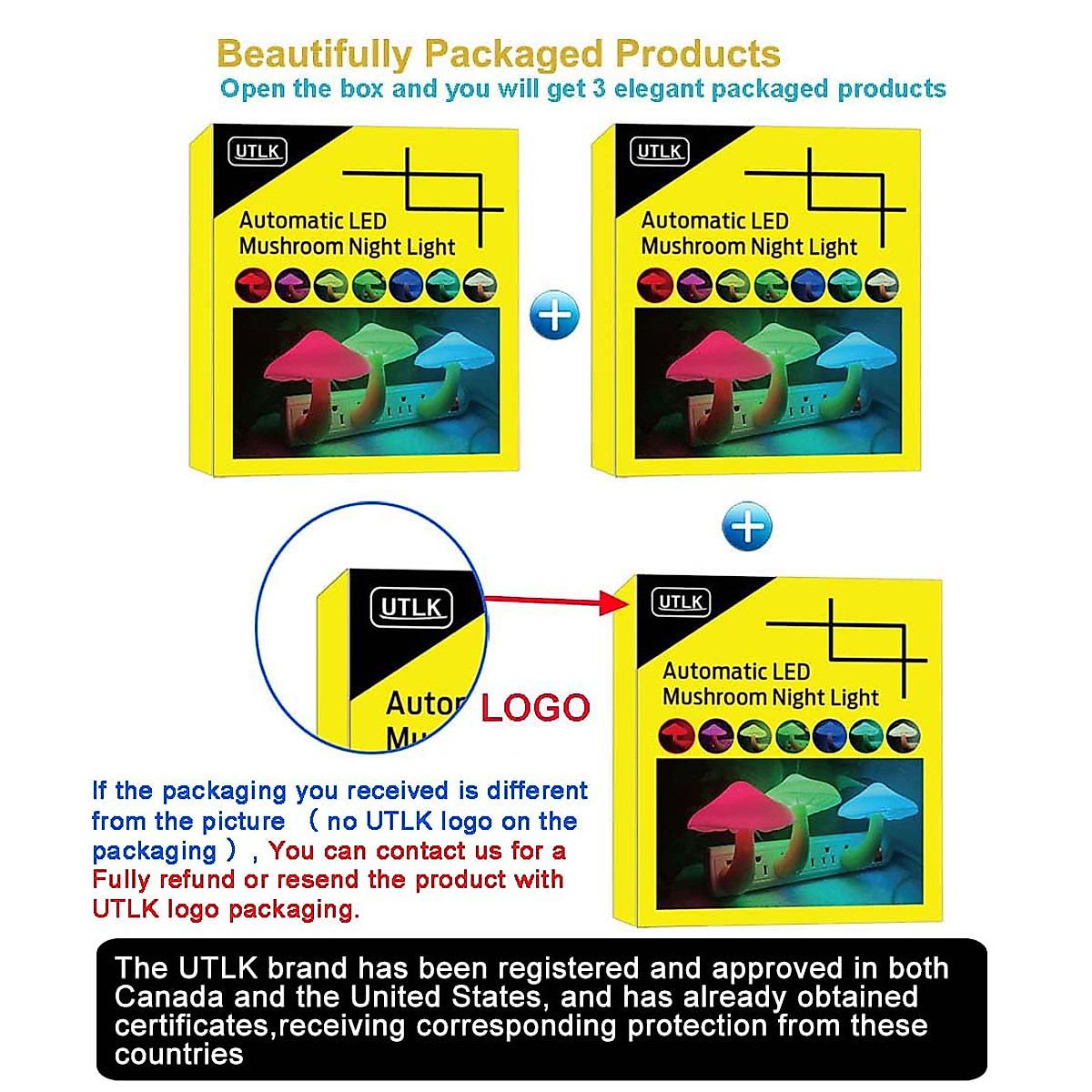 UTLK [3 Pack Plug-in LED Mushroom Night Light Lamp with Dusk to Dawn Sensor,Plug in Bed Cute Nightlight lamp Wall Baby Lights for Kids Children (7-Color)