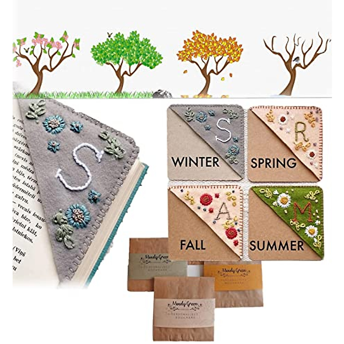 2PCS Personalized Hand Embroidered Corner Bookmark, Felt Triangle Bookmark, Cute Felt Triangle Bookmark, Cute Flower Letter Embroidery Bookmarks for Book Lovers Kids Teachers（A+S）