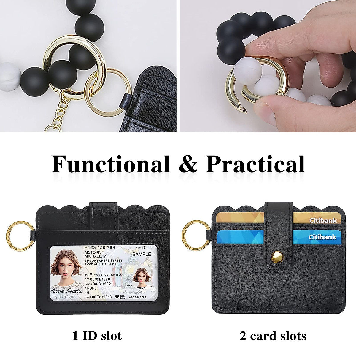 YUOROS Keychain Wallet, Silicone Beads Key Ring Chain Wristlet with Card Holder Tassel for Women (Black)
