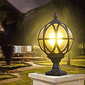 CZLZY Outdoor Waterproof Electric Pillar Lamp European E27 Post Light Villa Courtyard Wall Spherical Aluminum Column Light Glass Lampshade Lawn Road Decoration Landscape Light
