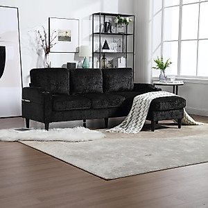 OUYESSIR 77.4" Chenille L Shaped Sectional Sofa Couch, 3 Seat Sofa with Convertible Storage Ottoman and 2 Cup Holders, Modern Deep Seat Couch for Living Room Office Apartment, Black
