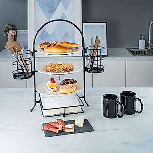 Creative Home 3-Tier Plate Rack Napkin Holder Buffet Caddy Storage Organizer with Removable Flatware Utensil Holder, Black