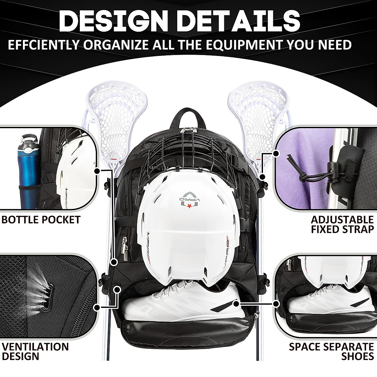 MARITTON Lacrosse Bag Backpack – Lacrosse Backpack Holds All Lacrosse or Field Hockey Equipment - Two Stick Holders and Separate Cleats Shoe Compartment. (BLK)