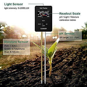 SONKIR Soil pH Meter, MS-X1 Upgraded 3-in-1 Soil Moisture/Light/pH Tester Gardening Tool Kits for Plant Care, Great for Garden, Lawn, Farm (Black)