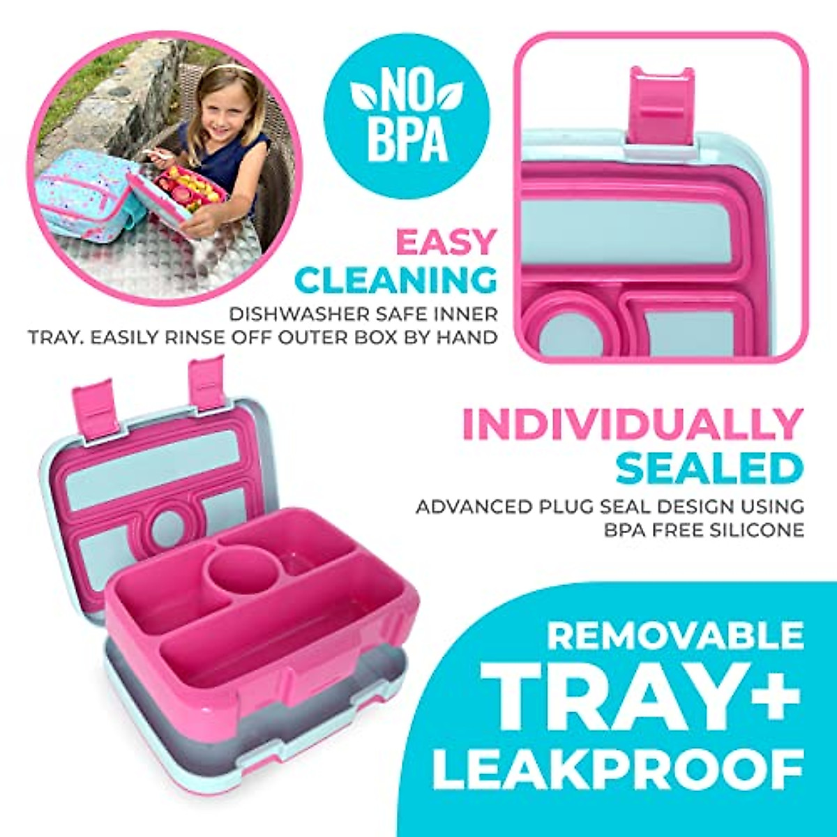 kinsho Bento Lunch Box with Water Bottle, Insulated Bag & Ice Pack Set for Kids Toddlers Girls, 4 Portion Sections, Removable Tray, Pre-School Kid Toddler Daycare Lunches, Snack Container, Pink Koala