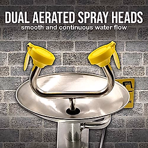 JJ CARE Yellow Eye Wash Station - Continuous Flow Dual Spray Heads Eye Wash Units - Hands-Free Emergency Eyewash Station - Wall Mount Stainless Steel Eye Washing Irrigation - Portable Eye Washer