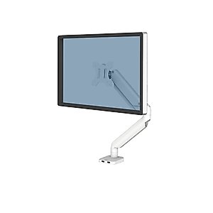 Fellowes Platinum Series Single Monitor Arm for 32-Inch Monitors, Full Motion, 360° Rotation, VESA Mount with Grommet or Clamp, USB Ports, Ergonomic, White, 8056201