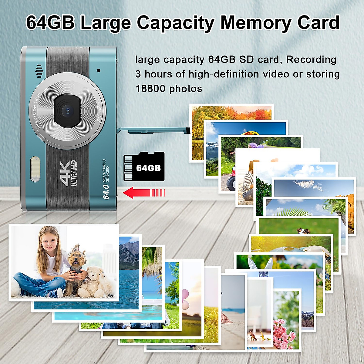 4K Digital Camera,Kids Camera with 64GB SD Card,Autofocus 64MP Point and Shoot Digital Cameras with 18X Digital Zoom,Two Batteries,Compact Small Camera for Kids Boys Girls